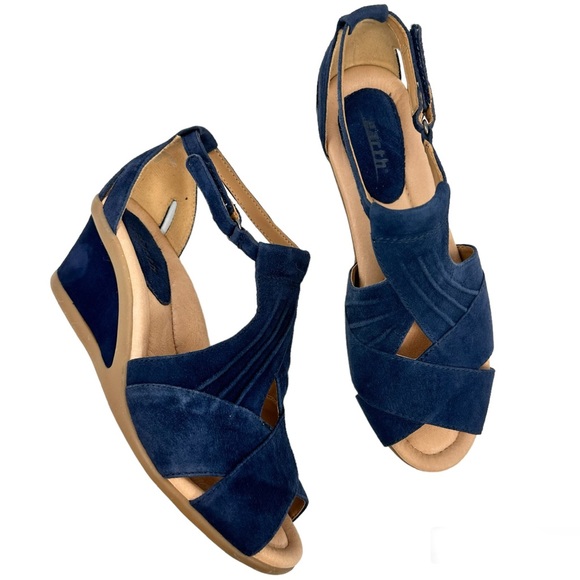Earth | Shoes | Earth Curvet Blue Suede Wedge Heel Peep Toe Sandals ...